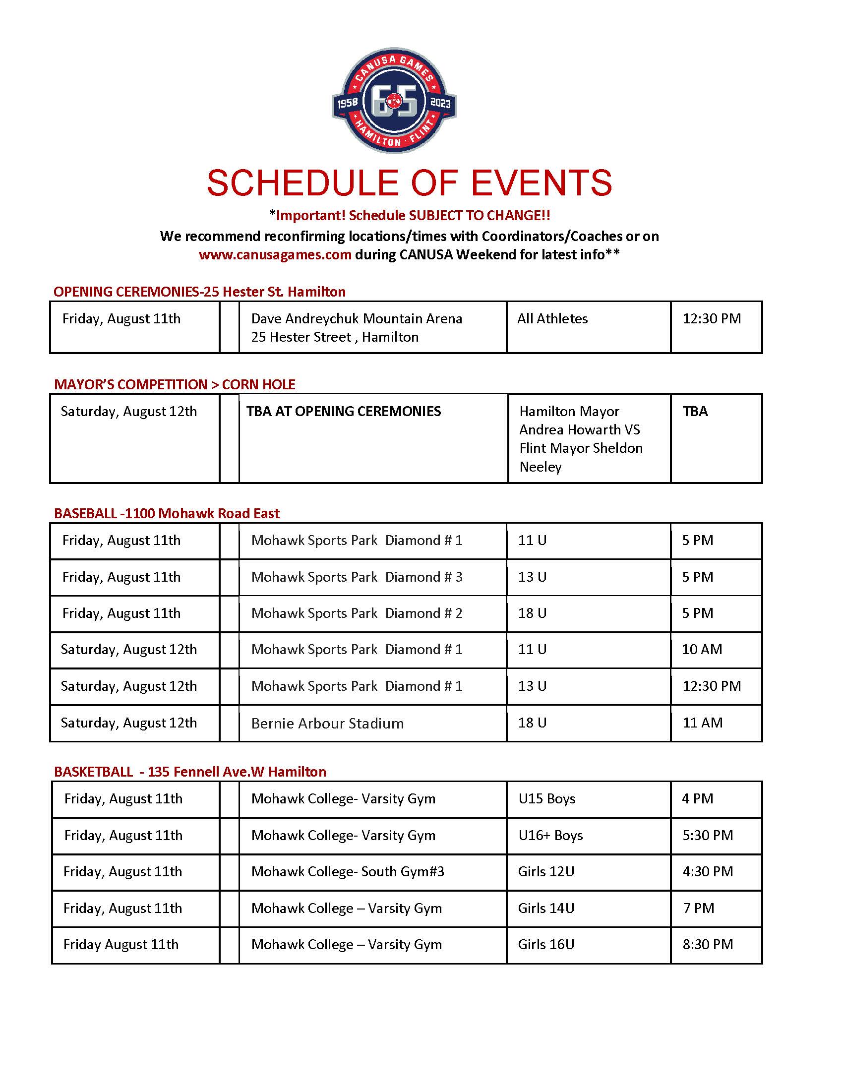 Schedule of Events - Canusa Games